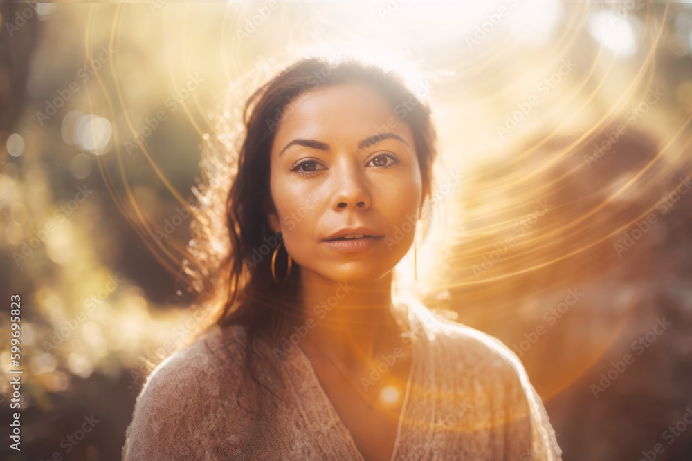 Portrait of spiritual mixed race woman with aura and healing energy ...