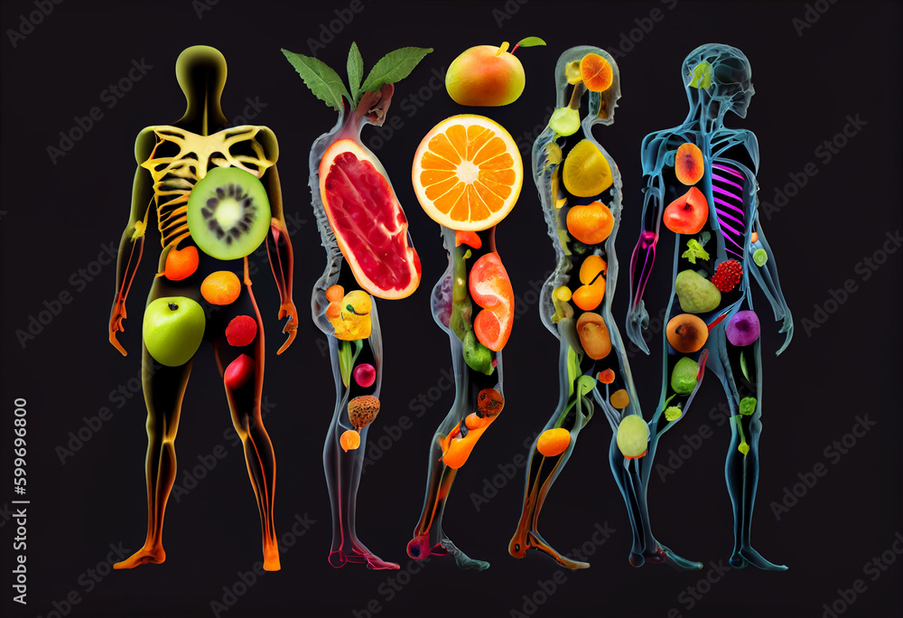 Fruits forming a human body metabolism and nutrition Stock Illustration ...