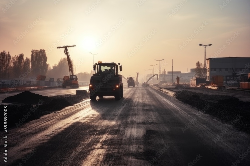 Construction site is laying new asphalt pavement, road construction ...