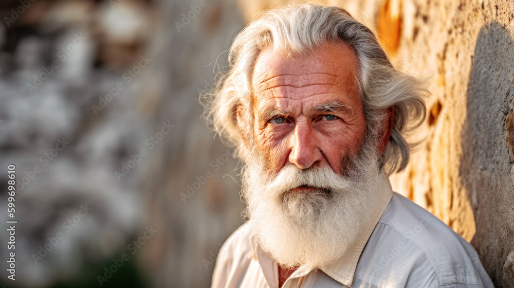 Portrait of Aged Greek man, 75, gray hair, beard, weary, dirty, stands ...