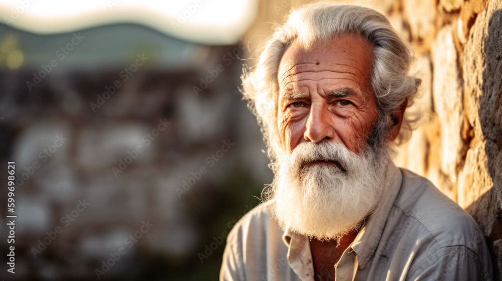 Portrait of Aged Greek man, 75, gray hair, beard, weary, dirty, stands ...