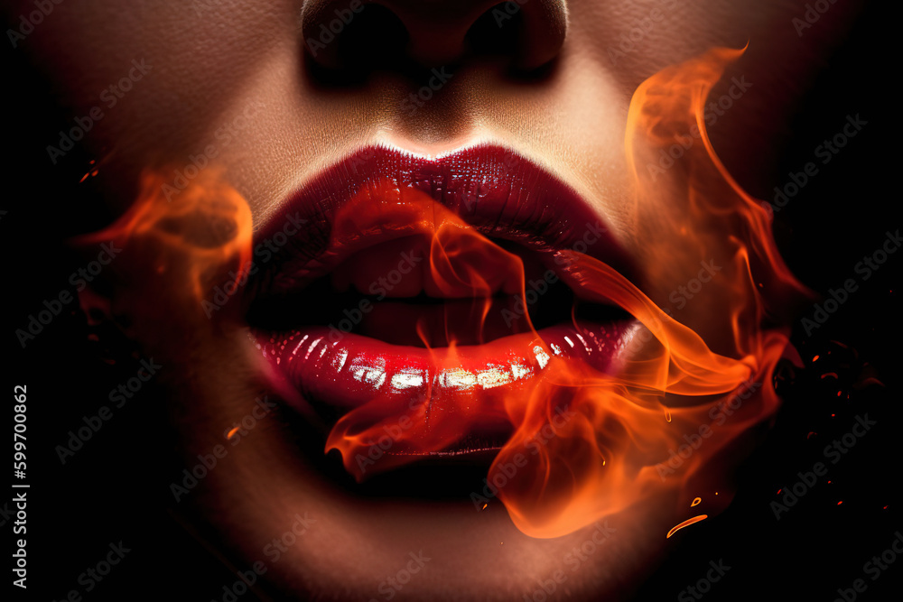Woman lips in flame fire, passion, love and sex on dark background ...