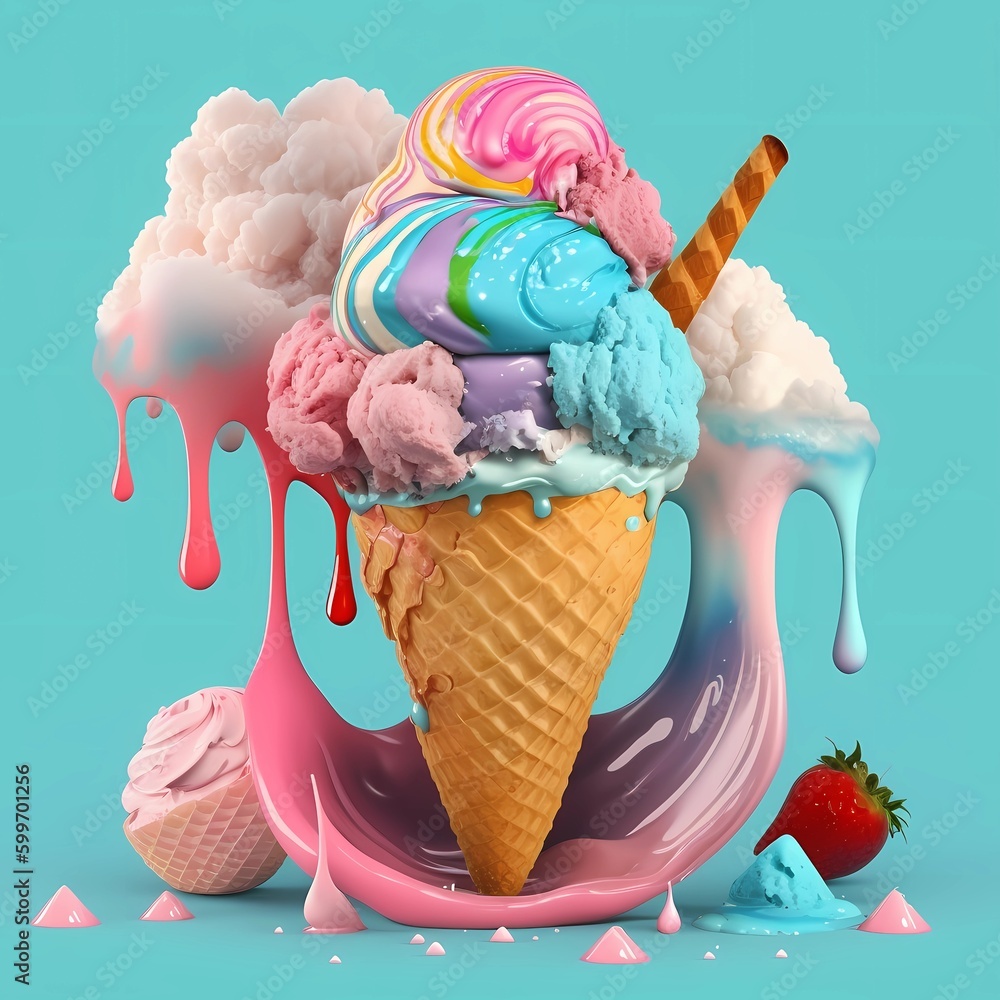 Ice cream dripping splattered in waffle cone. Created with AI tools ...
