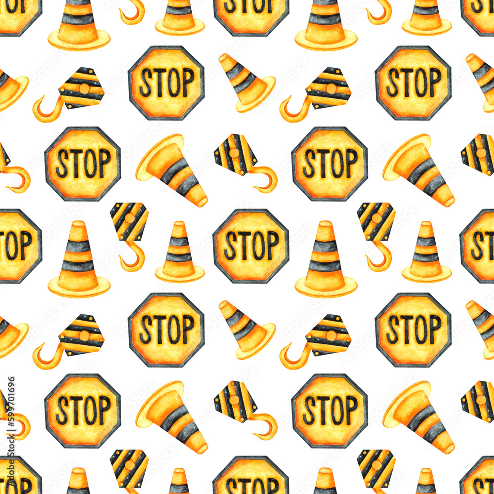 Road signs watercolor seamless pattern, digital paper. Construction ...