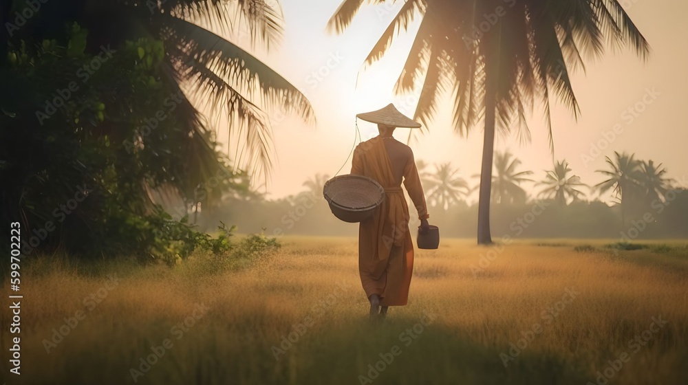 Buddhist monk with good spiritual going about with alms bowl to receive ...