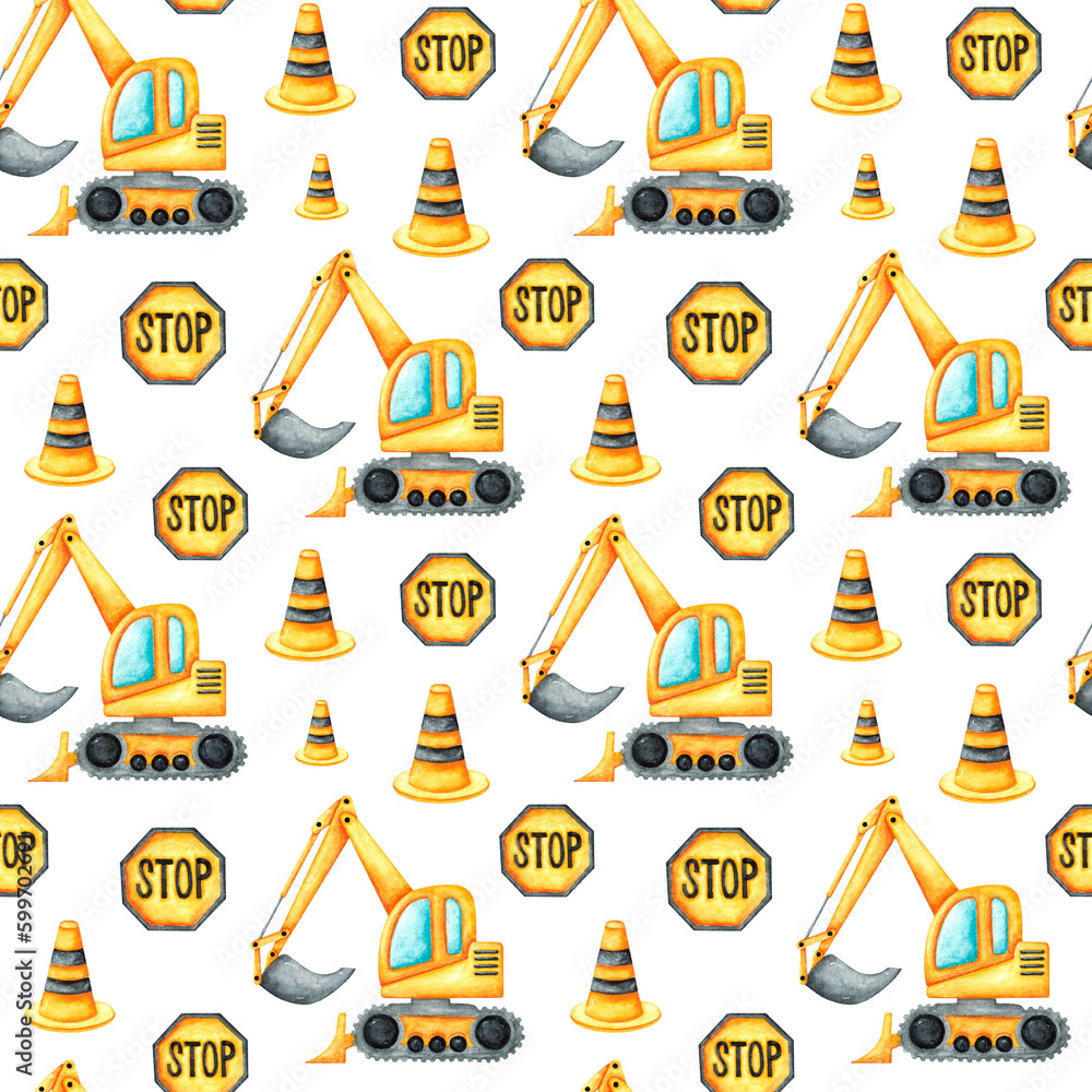 Excavator watercolor seamless pattern, digital paper. Backhoe loader ...