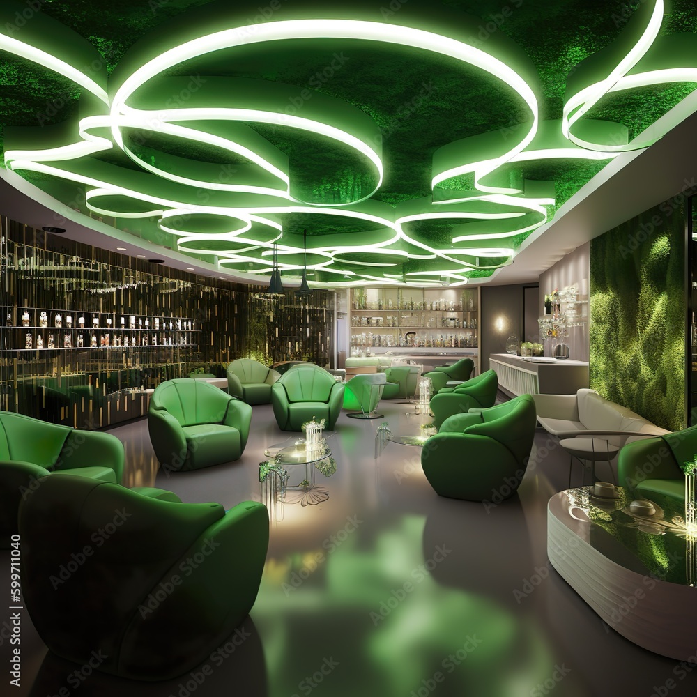 Modern cannabis lounge with green neon ring lighting recessed into the ...