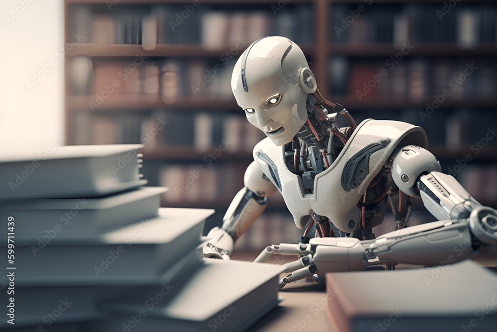 Humanoid robot studying in a library. Concept for machine learning ...
