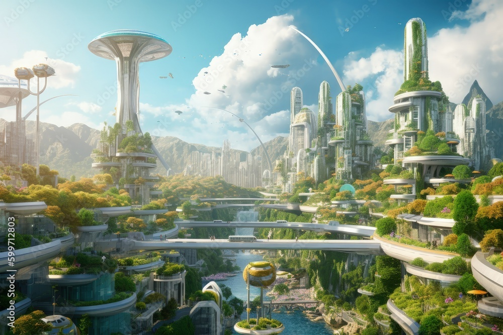 Conceptual illustration of a clean and modern futuristic utopia megalopolis. Generative AI ...