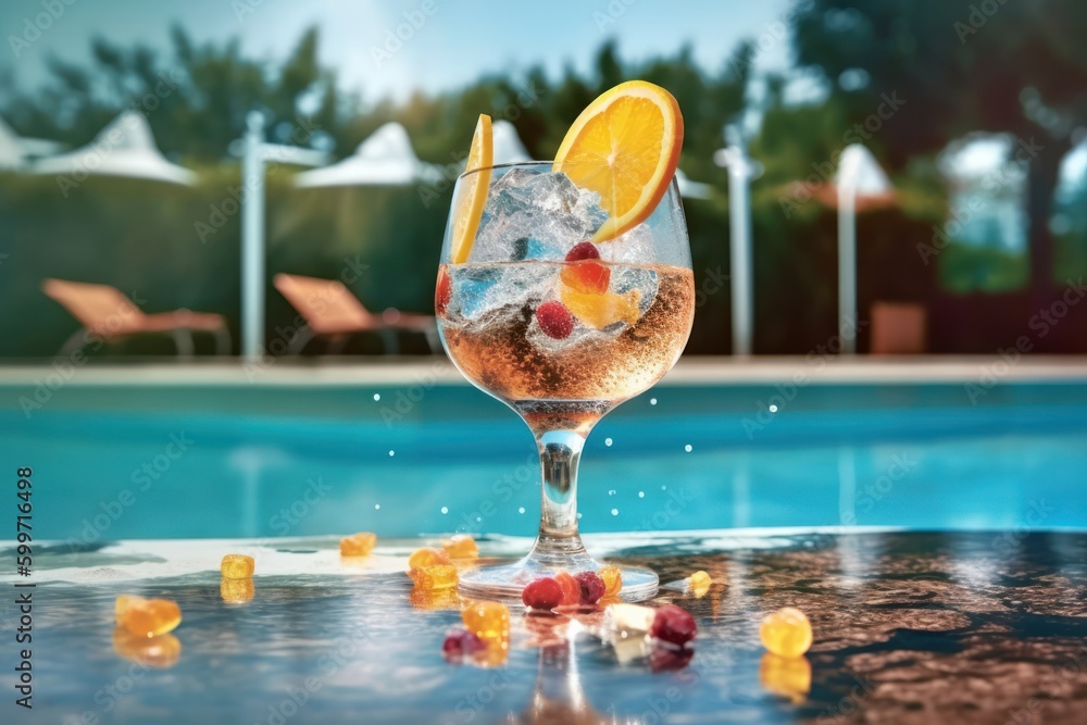 Spritz Cocktail Glass Set on Swimming Pool with Light Rays - Refreshing ...