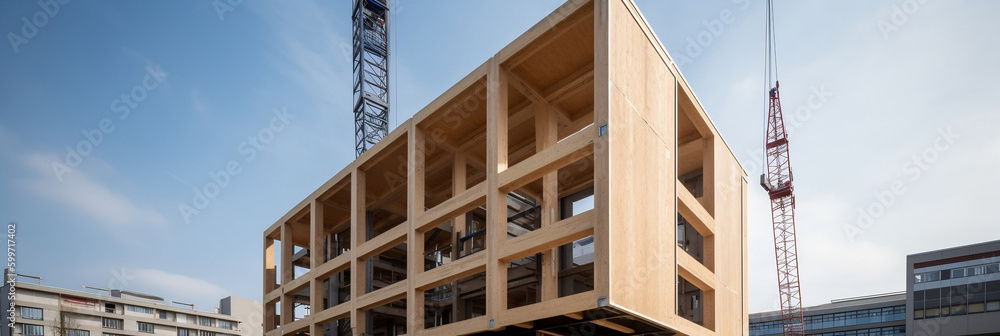 A wooden building module is raised by a crane and placed into the ...