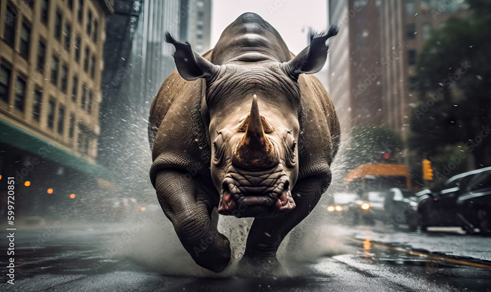 Rhino, Urban Stampede: A Frenzied Bison Running Full Speed in the ...