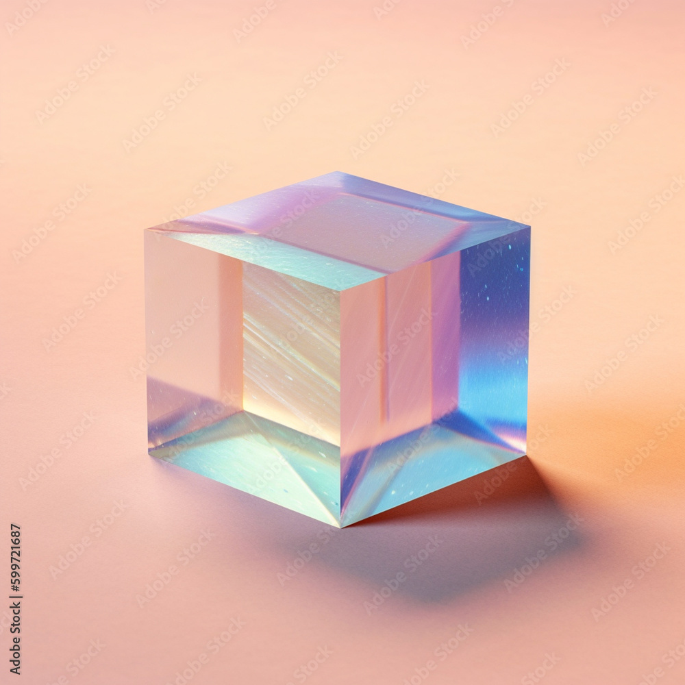 Luminescent Glass Cube Block with Glowing Prisms on Pastel Background ...