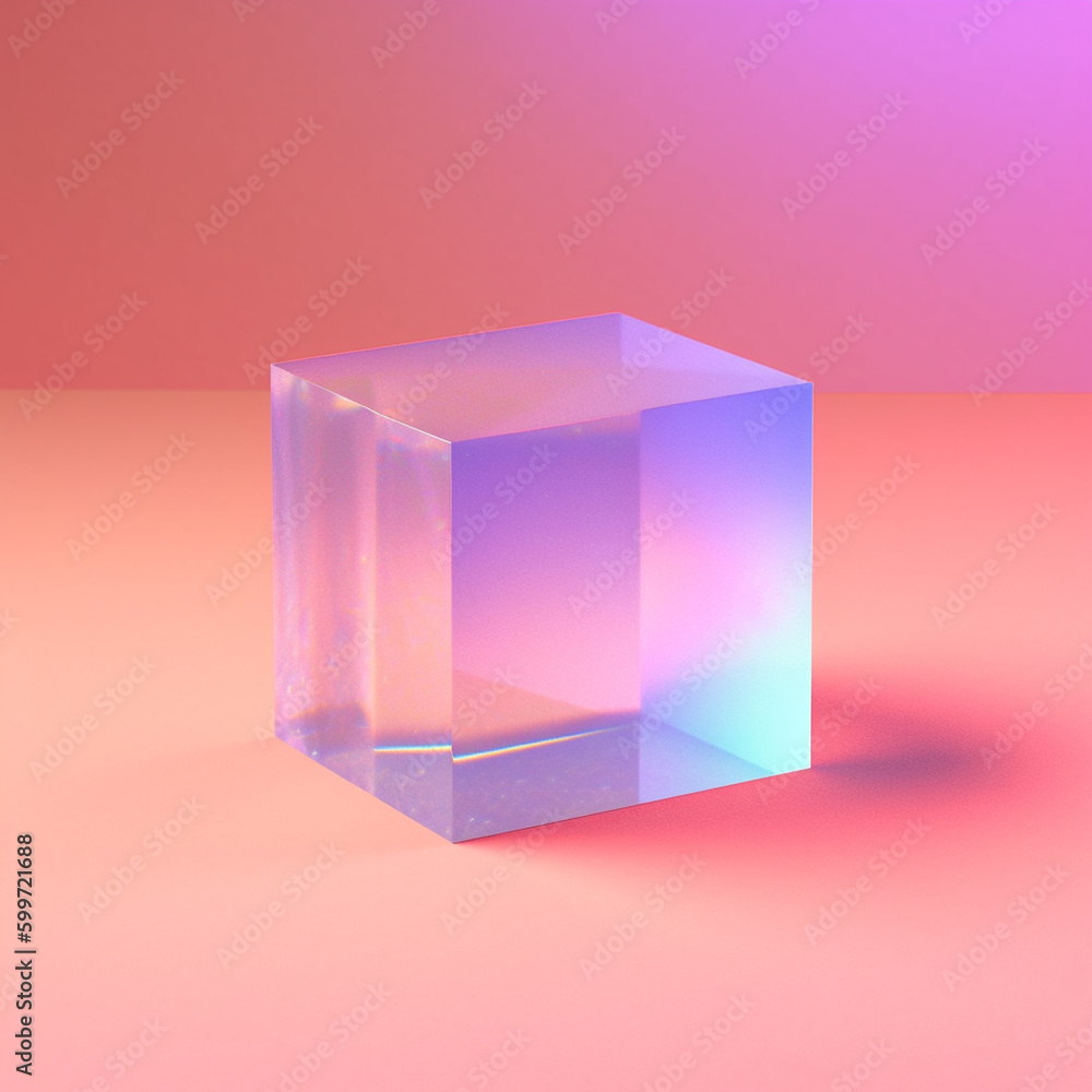 Luminescent Glass Cube Block with Glowing Prisms on Pastel Background ...