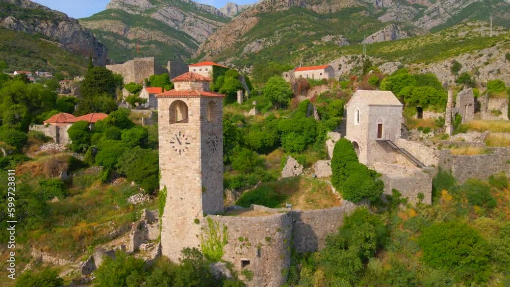 The drone footage captures the stunning ruins of Stari Bar, with stone ...