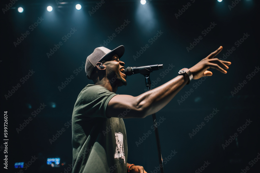 African rapper on stage rap, dynamic pose, hero angle, Generative AI ...