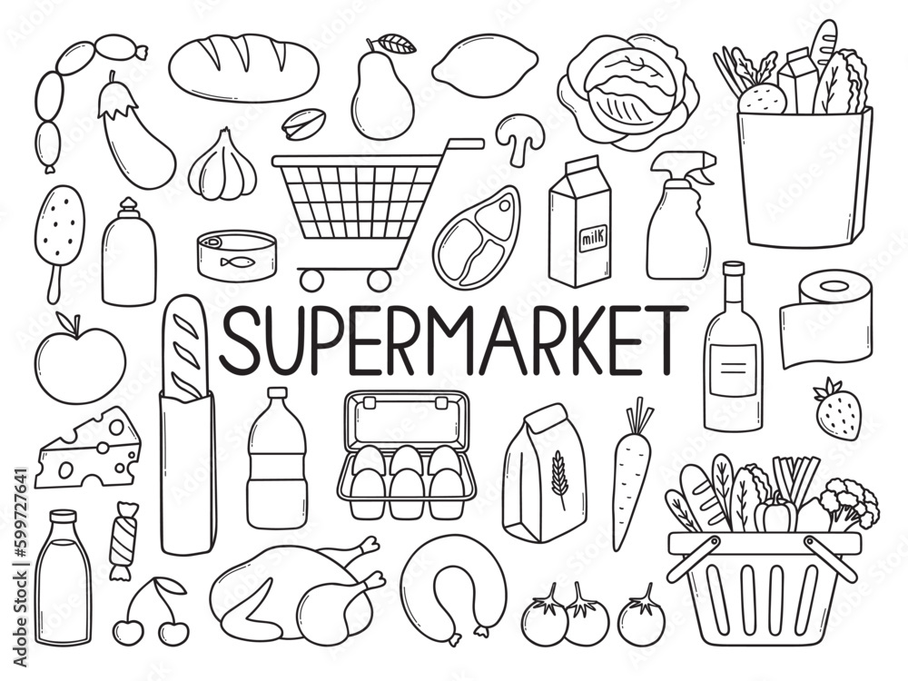 Vecteur Stock Supermarket products doodle set. Grocery store in sketch ...