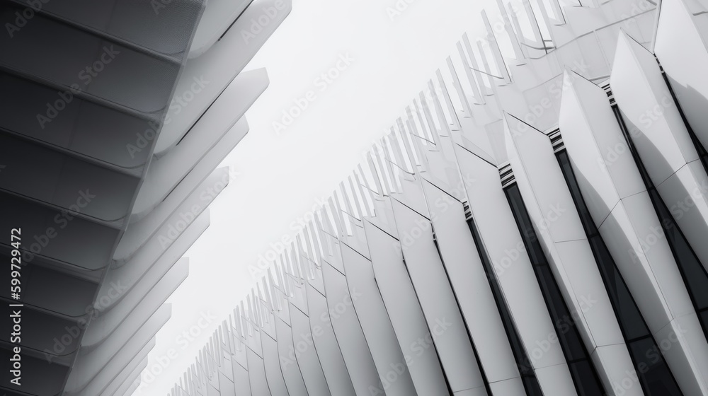 Horizontal shot abstract buildings with white metallic ribs and glass ...