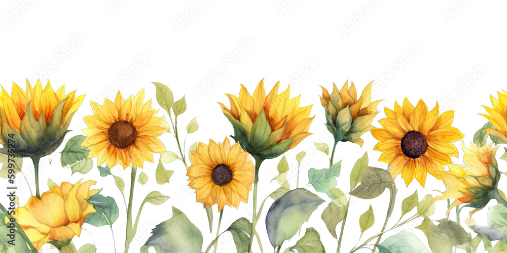 Sunflower Watercolor Style Footer Border Seamless Tile Isolated on ...