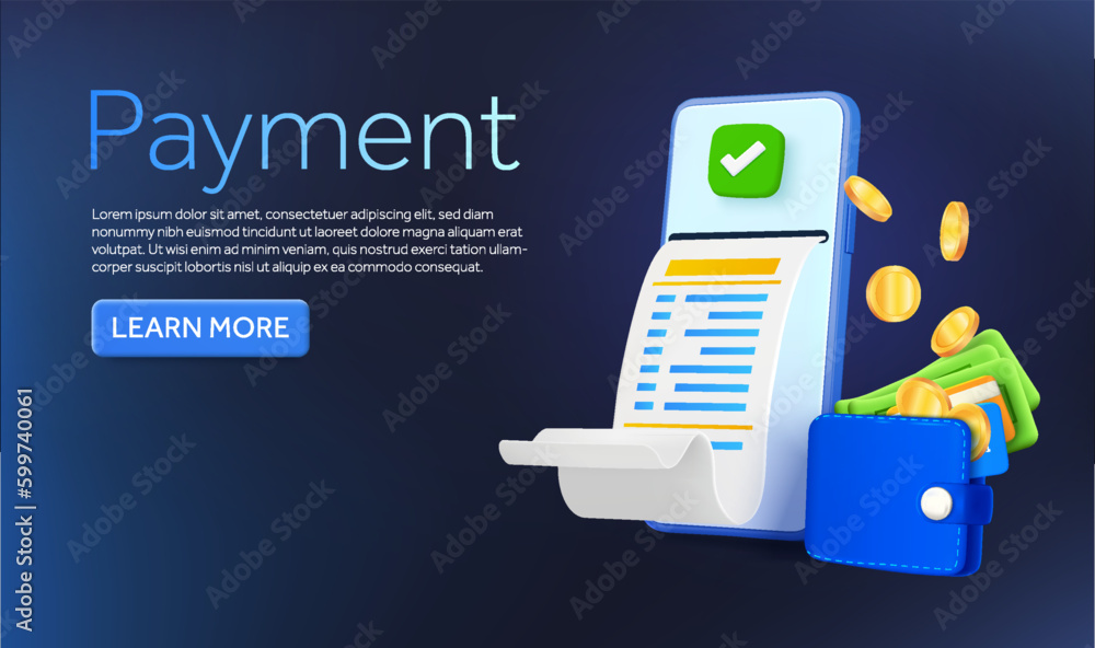 3d smartphone with green check mark, printing receipt, flow of coins ...
