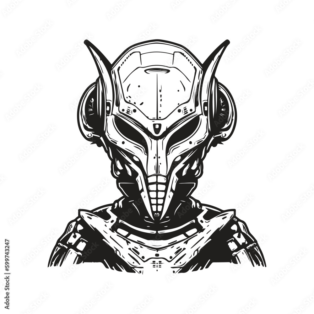 battle alien cybernetic, vintage logo line art concept black and white ...