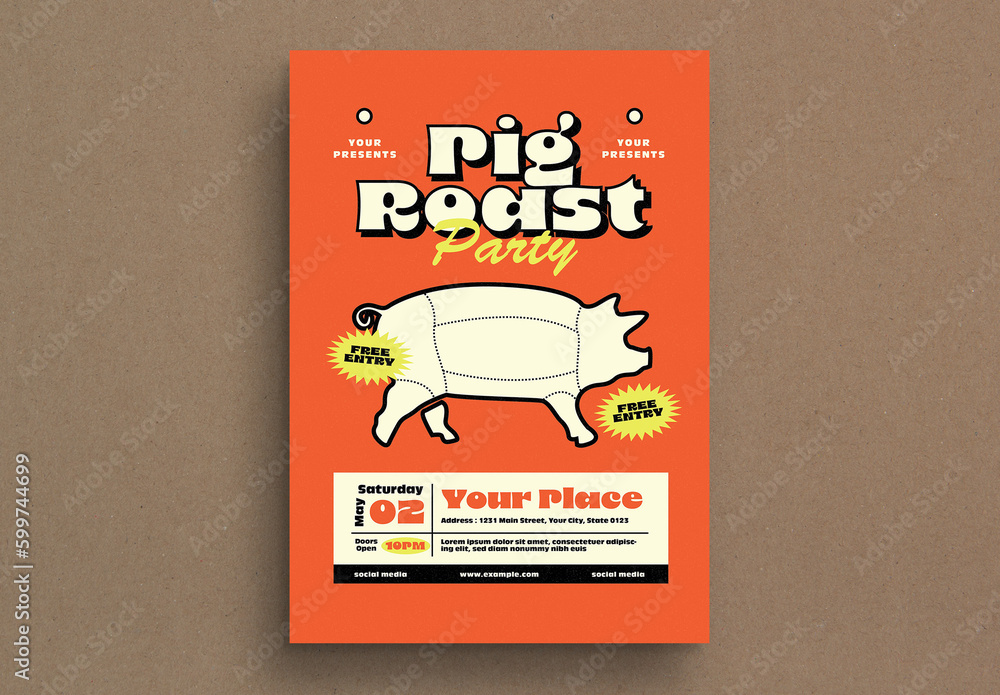Retro Pig Roast Event Flyer Stock Template | Adobe Stock