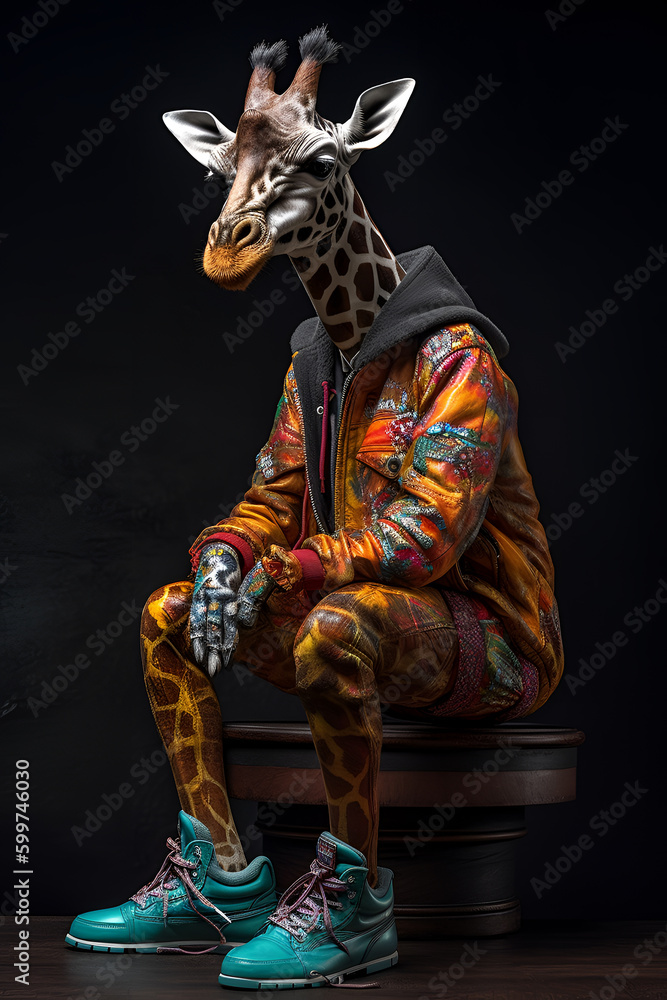 Giraffe wearing hiphop clothes and sneakers, giraffe sitting, dark ...