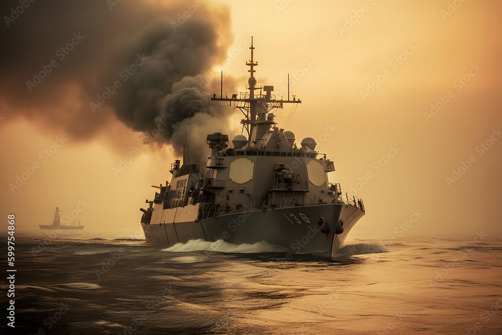War concept. Night battle scene at sea. warship on fire. Neural network ...