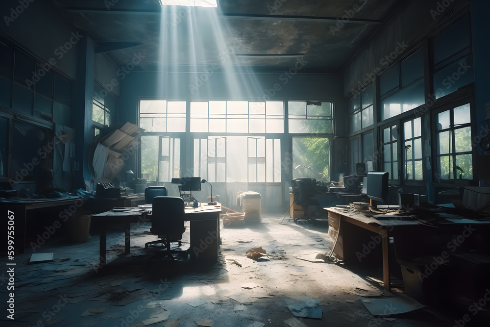 Messy abandoned office after company shut down: the desk is cluttered ...