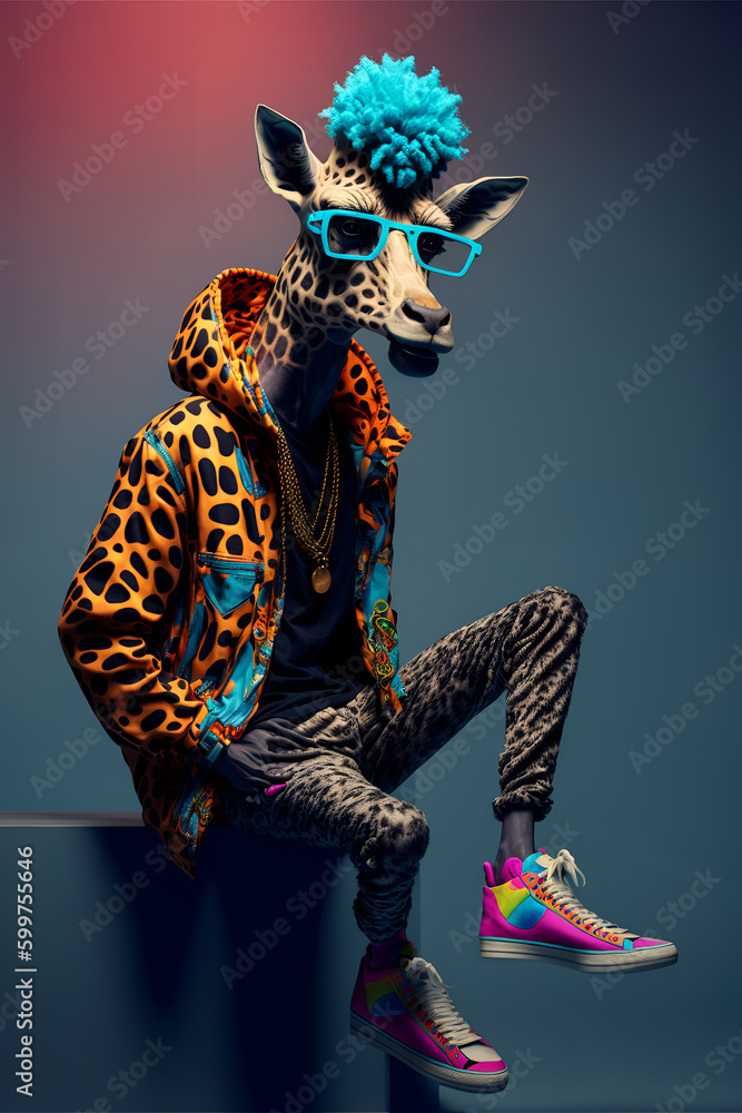 Giraffe wearing hiphop clothes and sneakers from 1980s, anthropomorphic ...