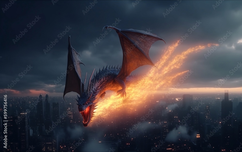 Scary dragon is flying over a city with a sunset in the background ...
