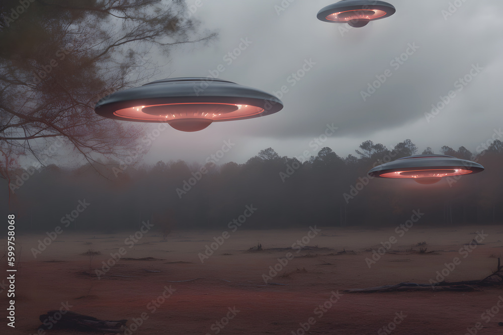 Low key image of UFO hovering over a forest at night with light beam ...
