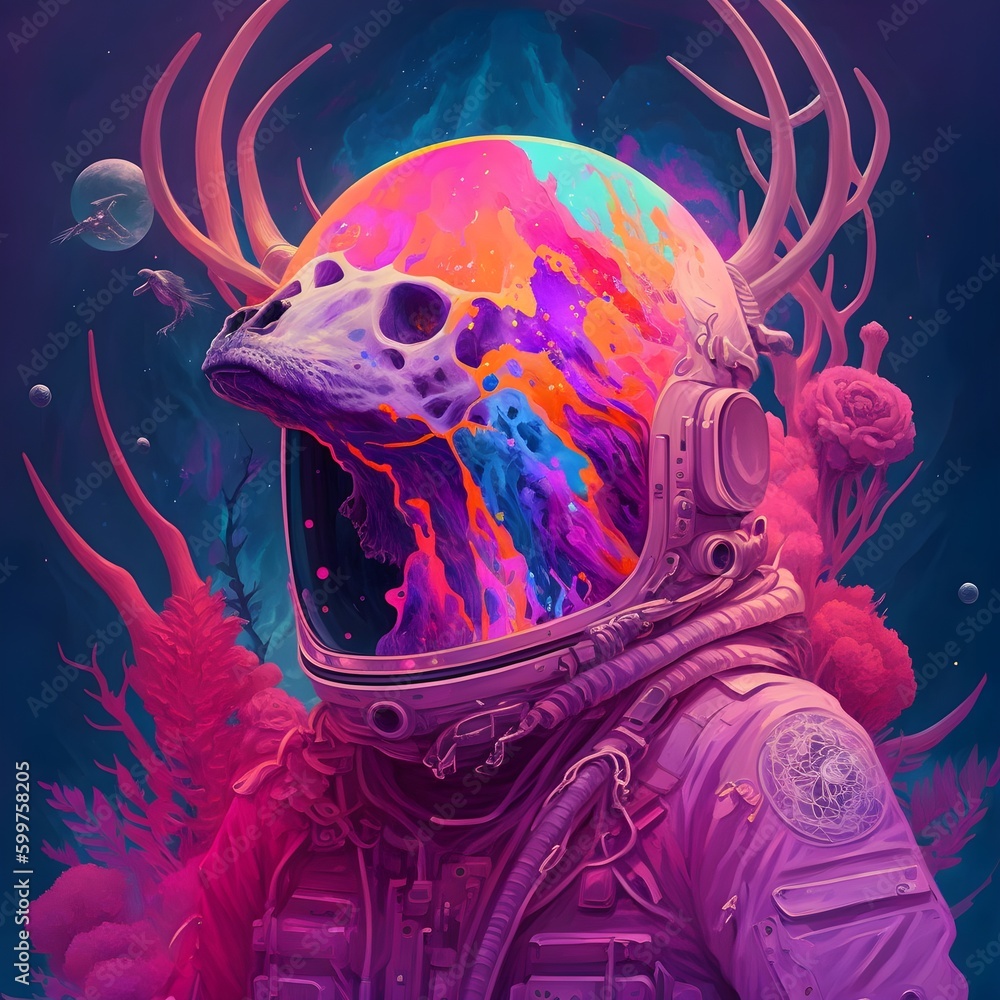 Stockillustratie astronaut with elk skull moody lighting pink color ...