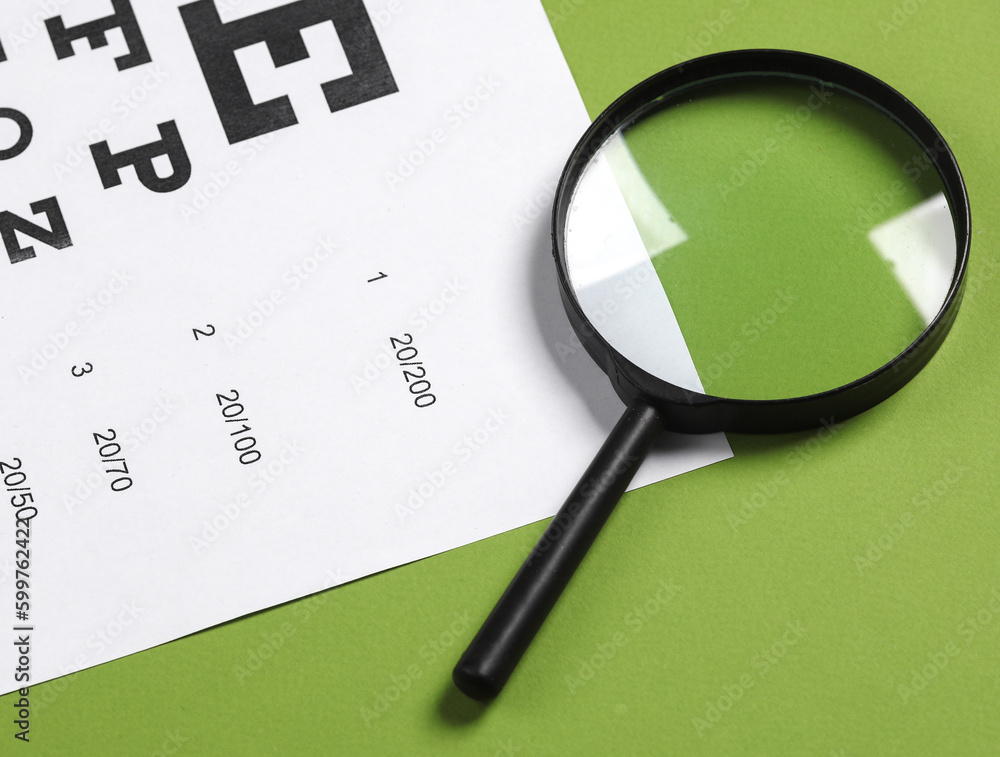 Magnifying glass and Eye test chart on green background. Vision ...