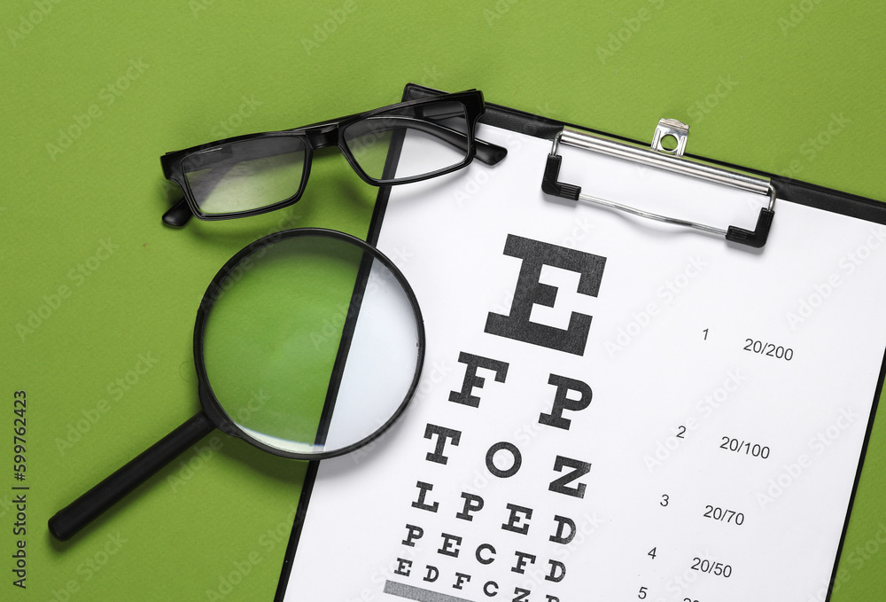Magnifying glass and eyeglasses, Eye test chart on green background ...