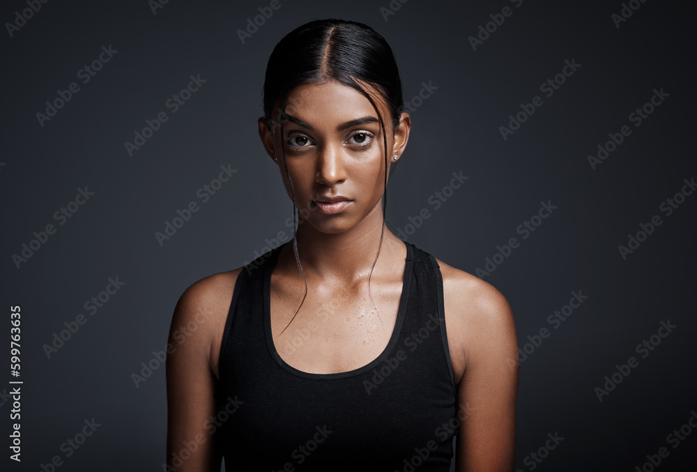 Portrait, serious and Indian woman with fitness, exercise and confident ...