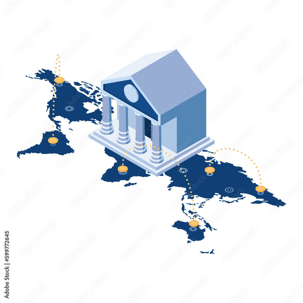 Isometric Bank Building on World Map with Global Money Transfer Stock ...