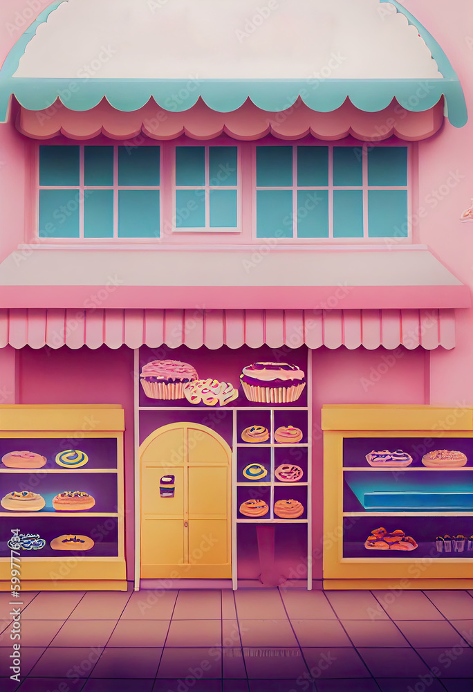 Background bakery shop interior. Cute sweets shop showcase in cartoon ...