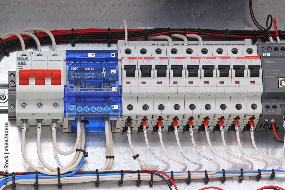 ABB electric circuit breakers installed on a din rail in an electric ...