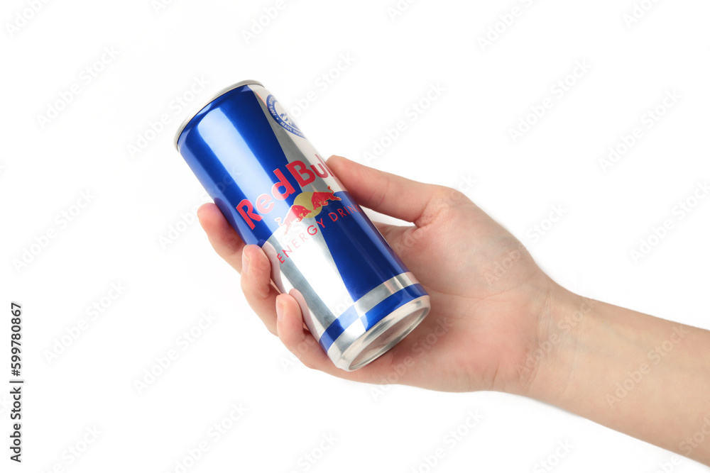 Mykolaiv, Ukraine - May 2, 2023: Closeup of a hand holding a can of Red ...