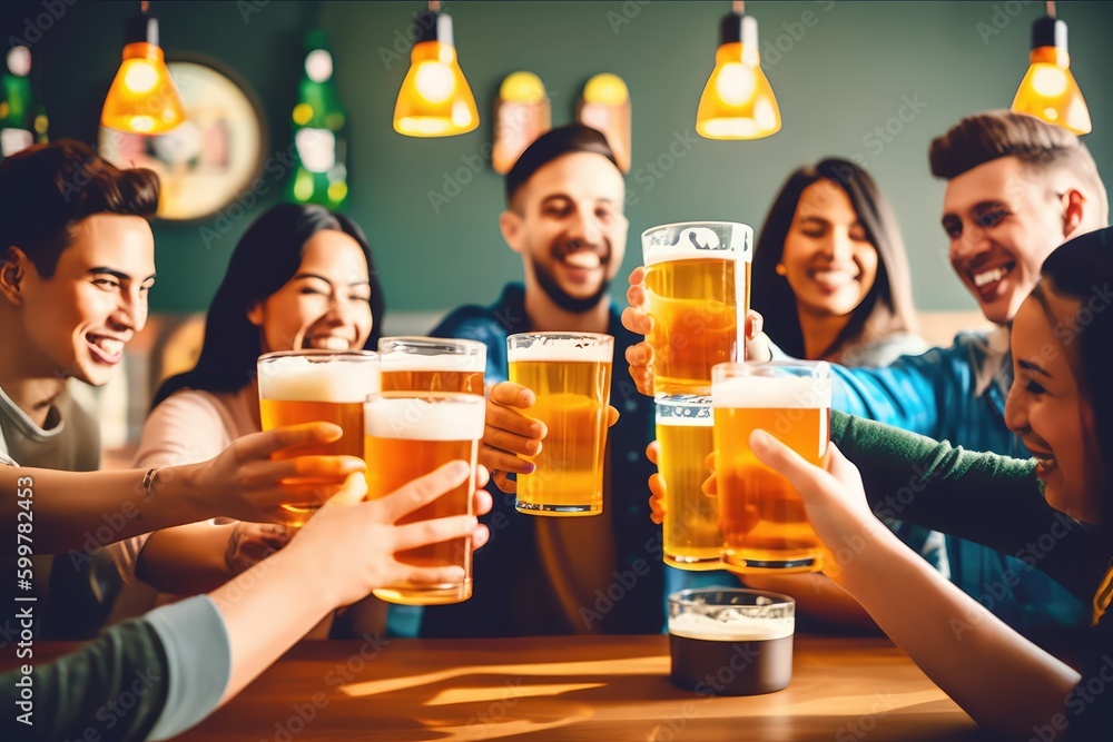group of people cheering and drinking beer at bar pub table -Happy ...