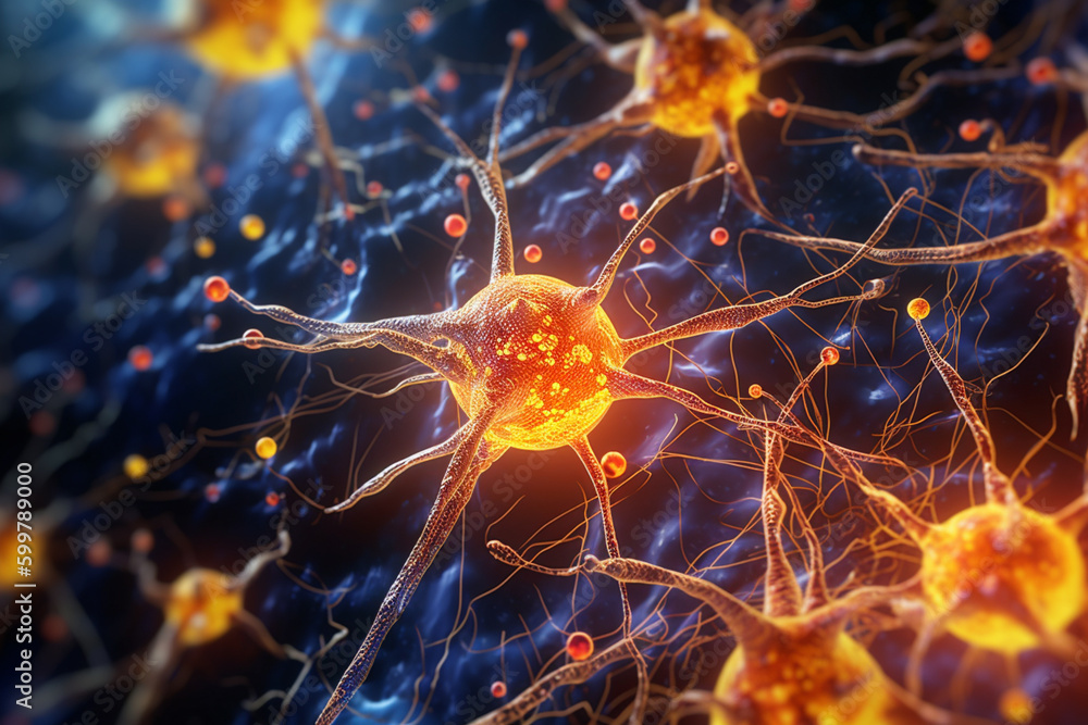 A close-up image of a synapse with neurotransmitter molecules floating ...