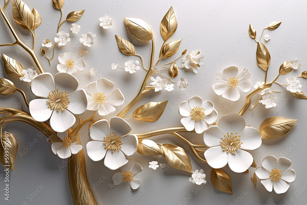 3d wallpaper floral tree background with white flower leaves and golden ...