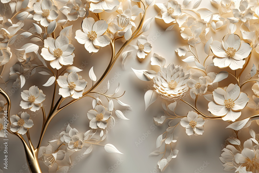 3d wallpaper floral tree background with white flower leaves and golden ...