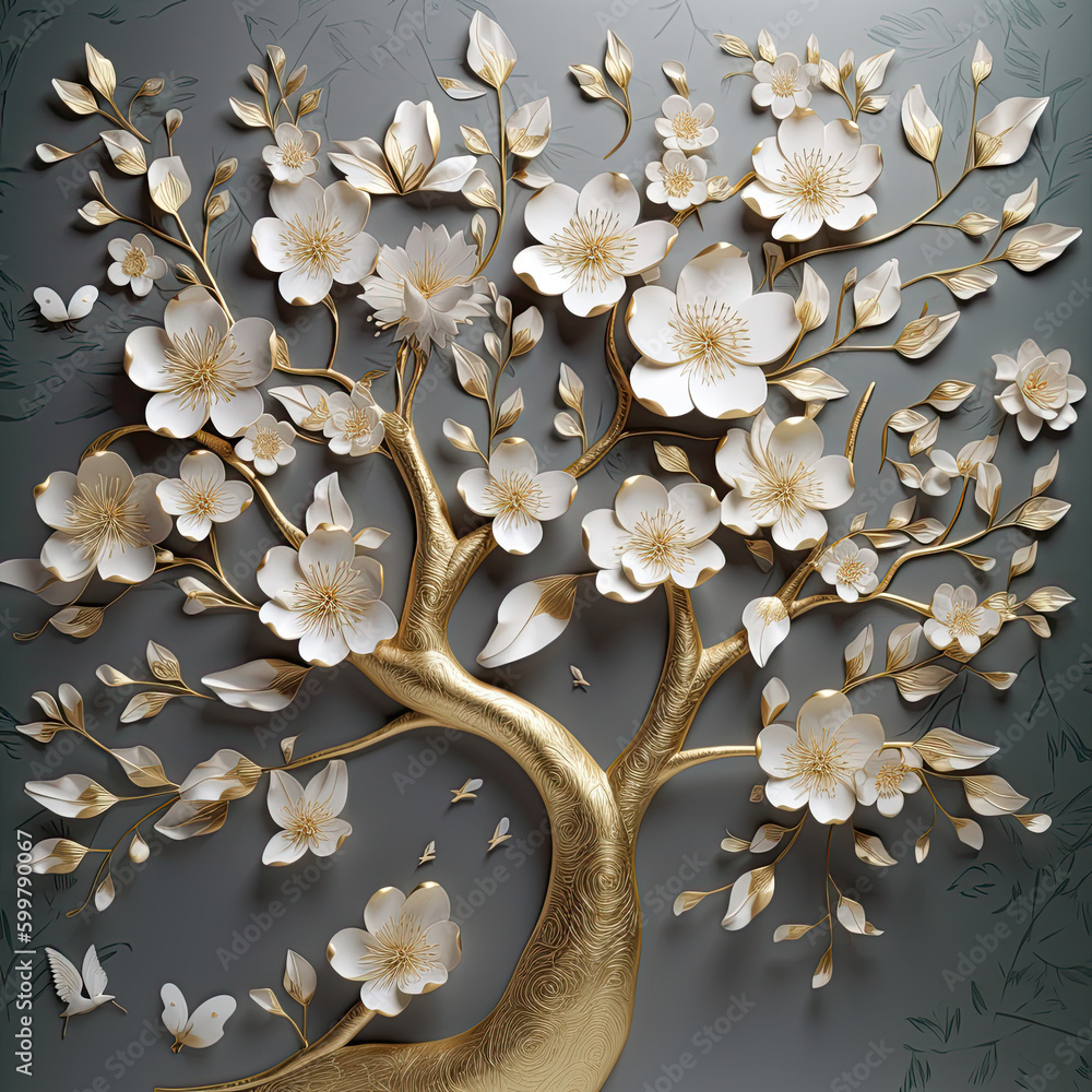 3d wallpaper floral tree background with white flower leaves and golden ...