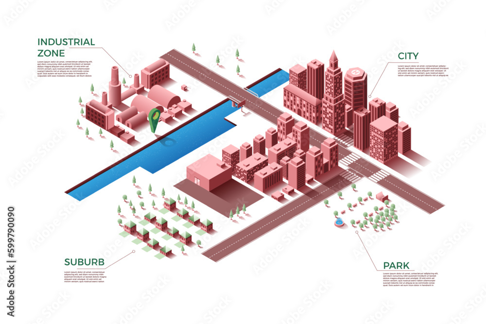 Isometric city. 3D business map with districts zone. Modern buildings ...