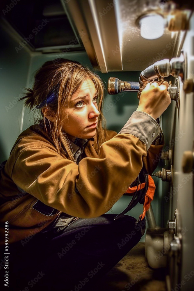 A young woman plumber working in a bathroom, wearing a work uniform and ...