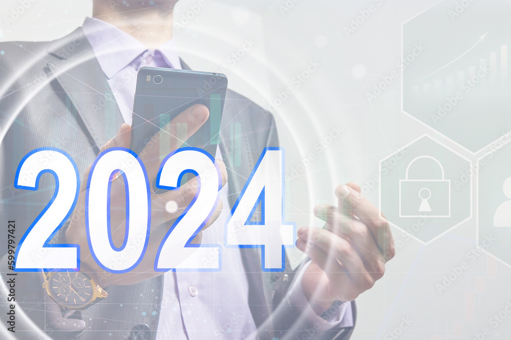 2024 calender year button on digital virtual screen blur background ...