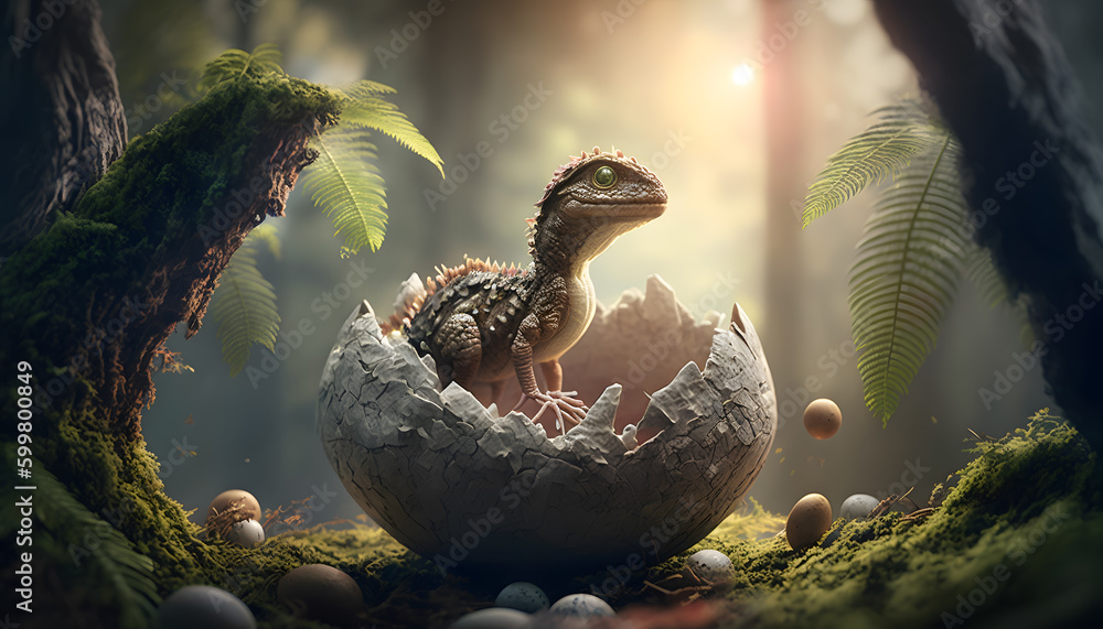 Young dinosaur T Rex hatches from an egg in forest in habitat, Jurassic ...