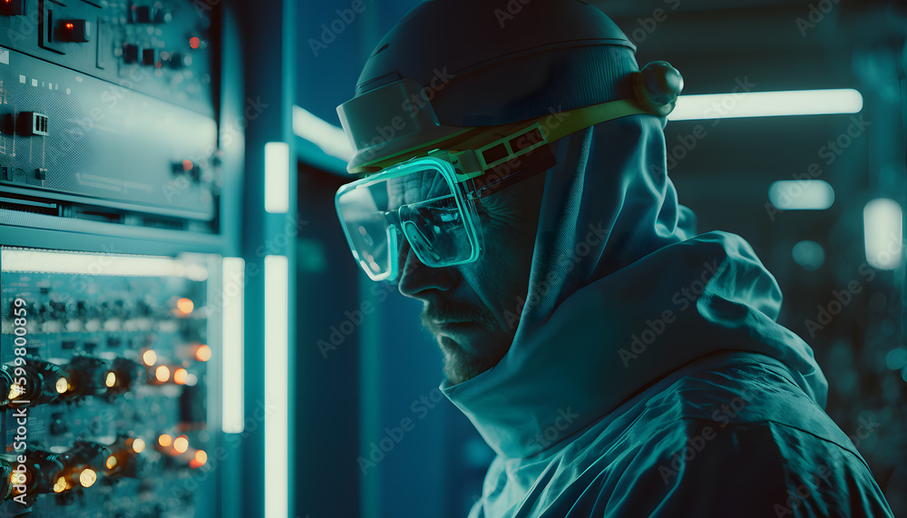 Electrical atomic station, Engineer man checks reactor systems nuclear ...